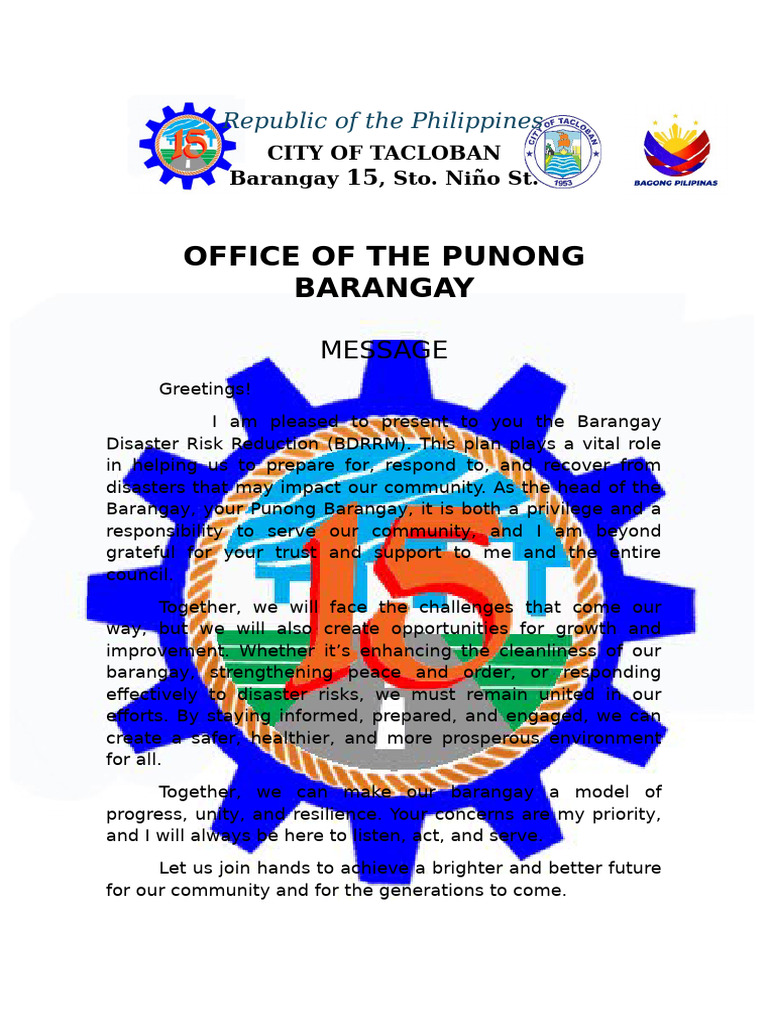 BDRRM Plan Part 1 (Message, Vision & Mission, Brgy. Profile) | PDF | Waste