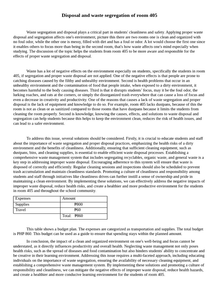 Disposal and Waste Segregation of Room 405 | PDF | Waste | Waste Management
