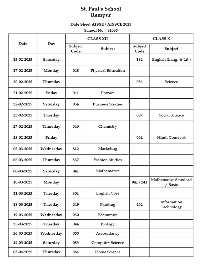 Date Sheet School Aisse-Aissce 2025_241121_200229 | PDF