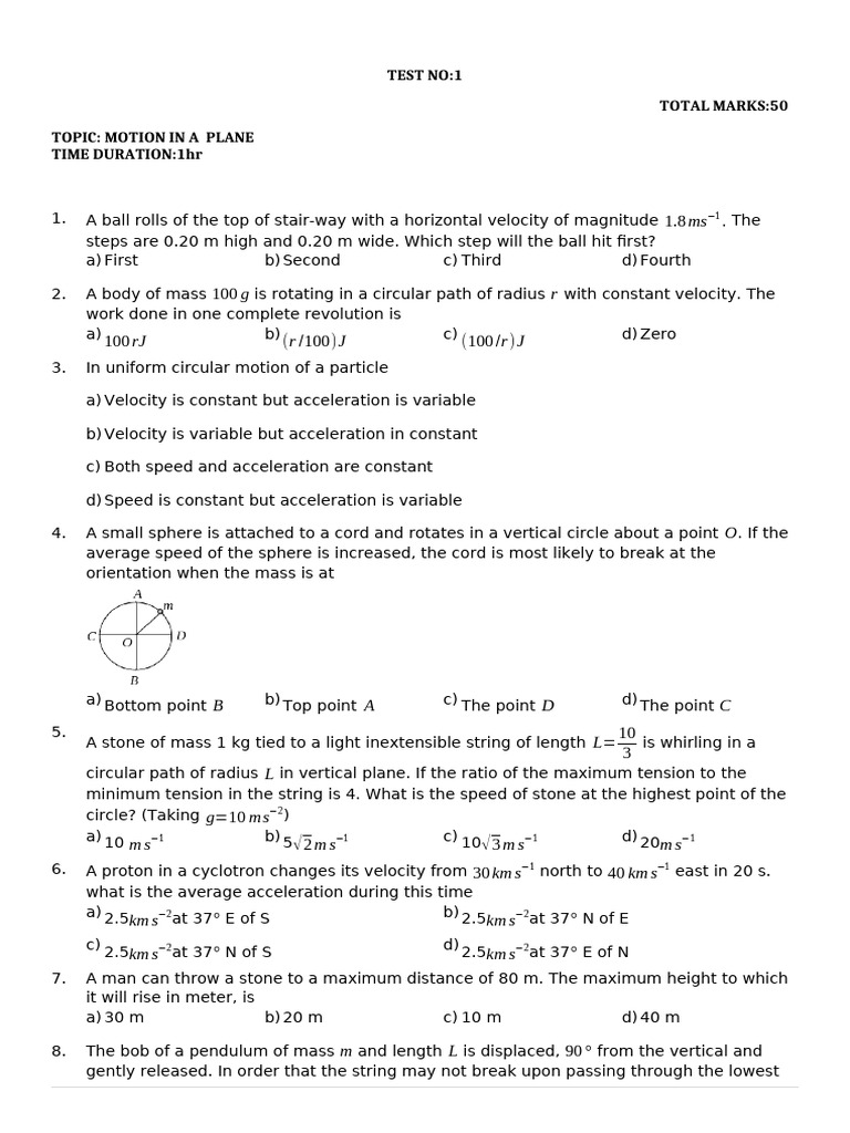 Motion in A Plane-Test No-1 | PDF | Acceleration | Force