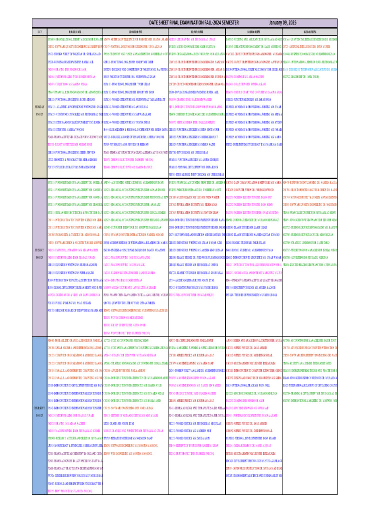 Date Sheet Final Examination Fall-2024 | PDF