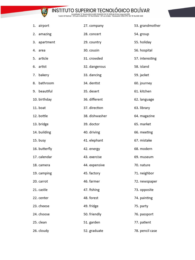 A1-A2 English Vocabulary List PDF | PDF