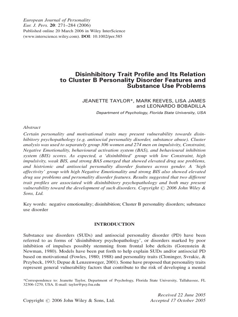 Disinhibitory Trait and Its Relation To Cluster B Susbtance Abuse | PDF ...