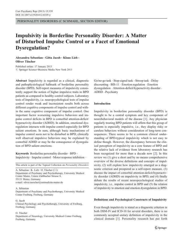 Impulsivity in Borderline Personality Disorder | PDF | Impulsivity ...