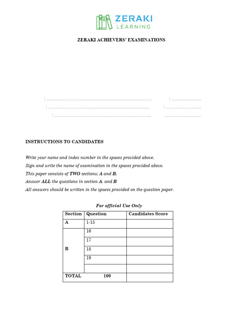 Computer Studies Form 2 - Zeraki Achievers 5.0 - Question Paper | PDF ...