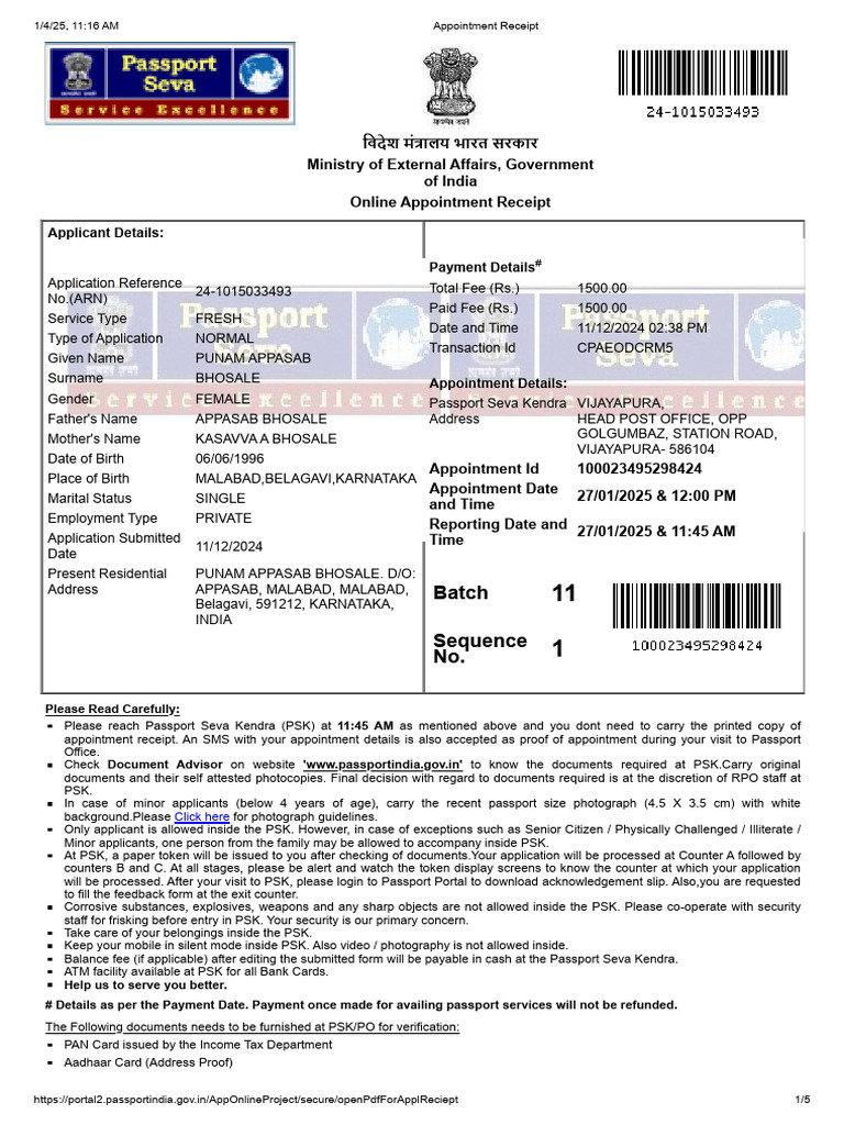 Appointment Receipt | PDF | Identity Document | Birth Certificate