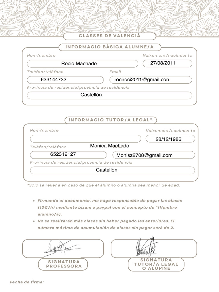 Formulari Classes Valencià Rocio | PDF