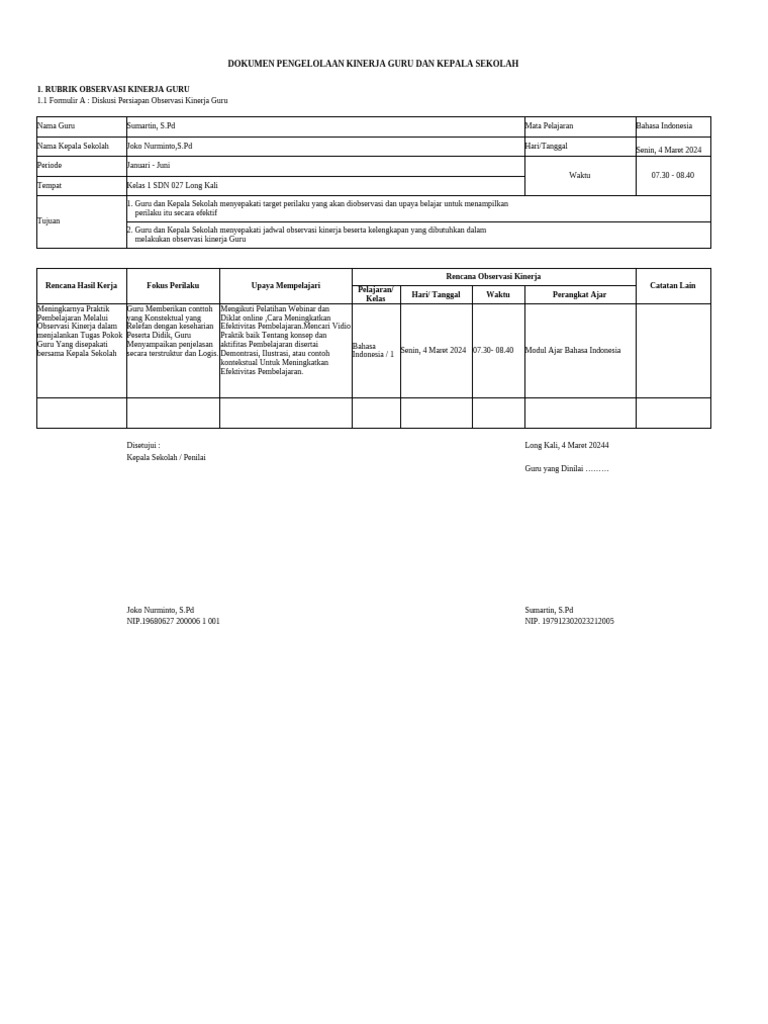 Form Observasi Kelas 1 | PDF
