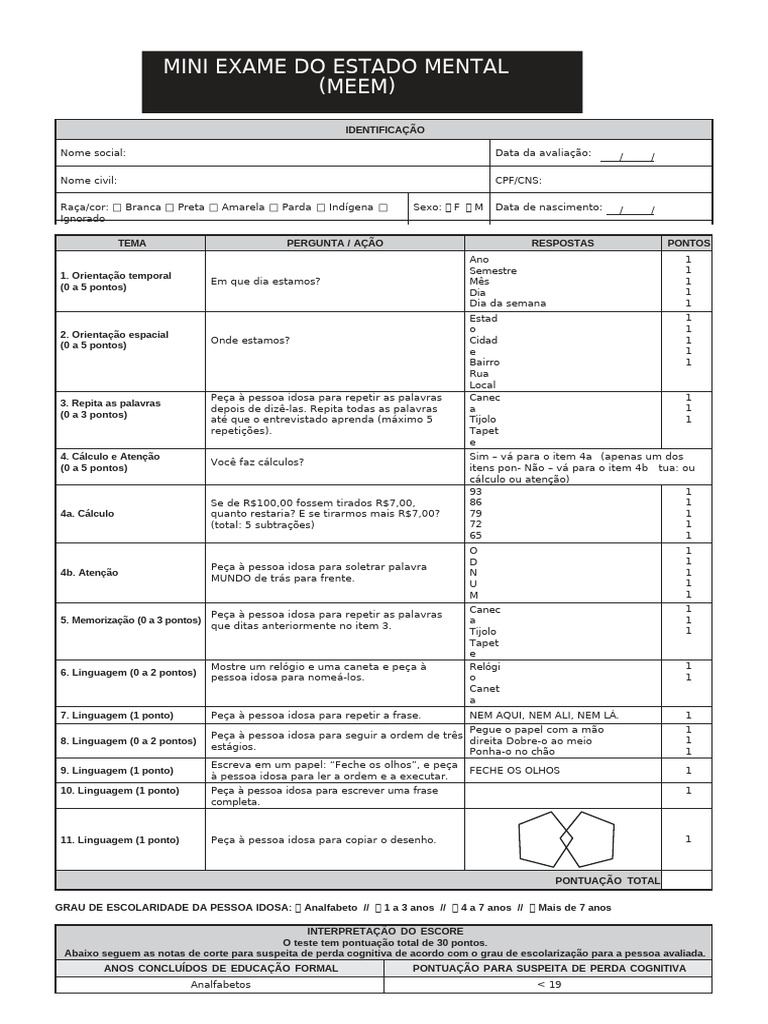 Mini Exame Do Estado Mental | PDF | Alfabetização