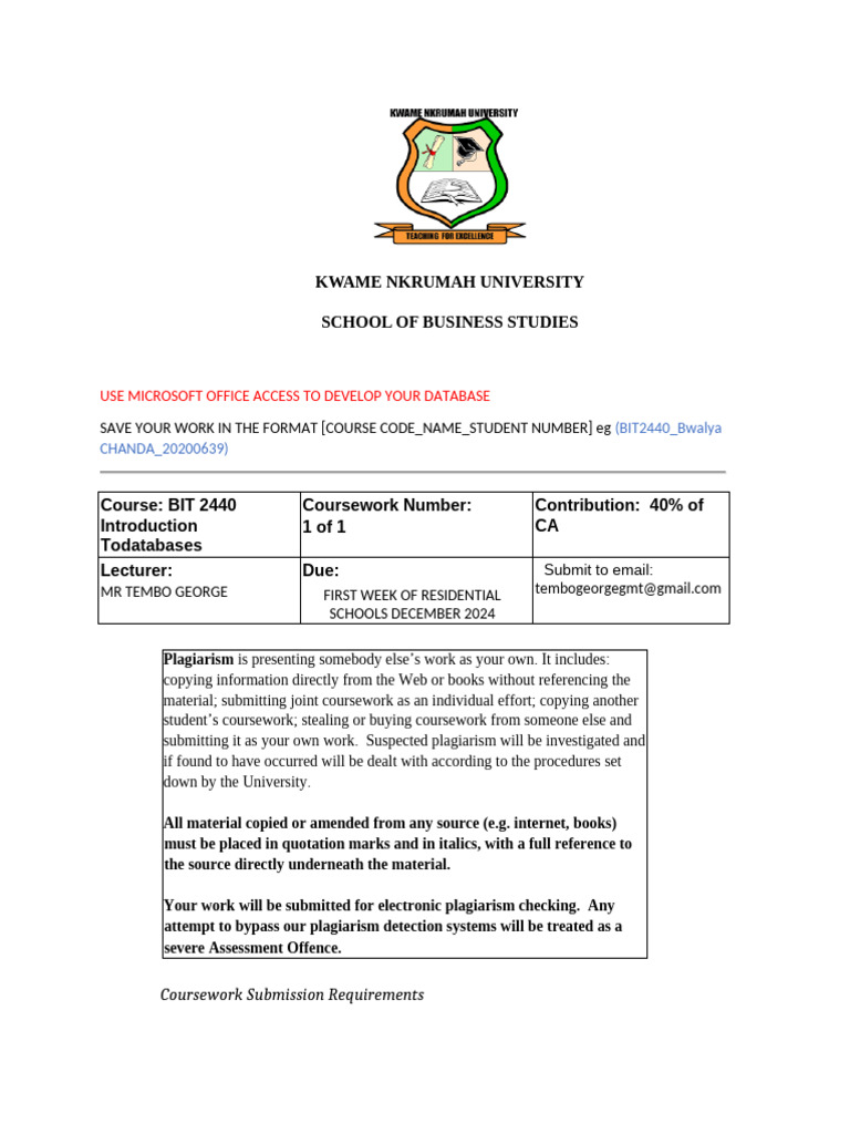 Introduction To Databases Bit2440 Coursework 2024-1 | PDF | Relational Model | Relational Database