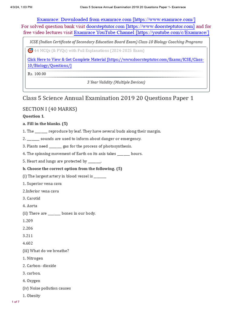 ICSE Class 5 Science Sample Paper 1 (1) | PDF | Plants | Foods