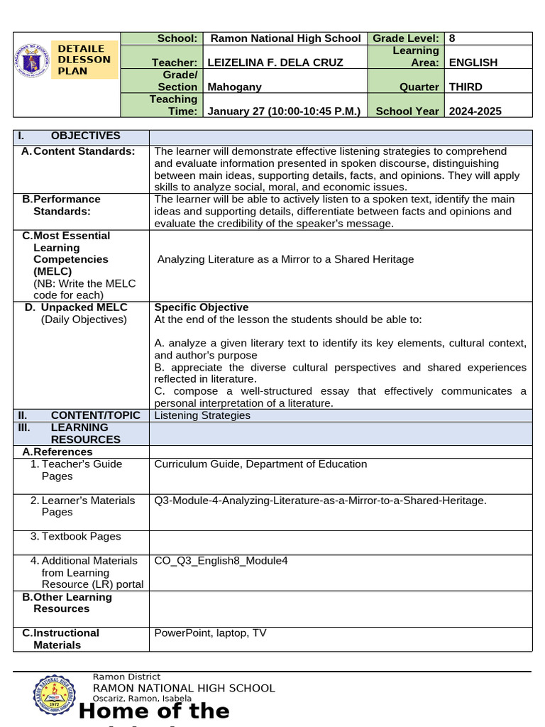 Detailed Lesson Plan 3 - Analyzing Literature As A Mirror To A Shared ...