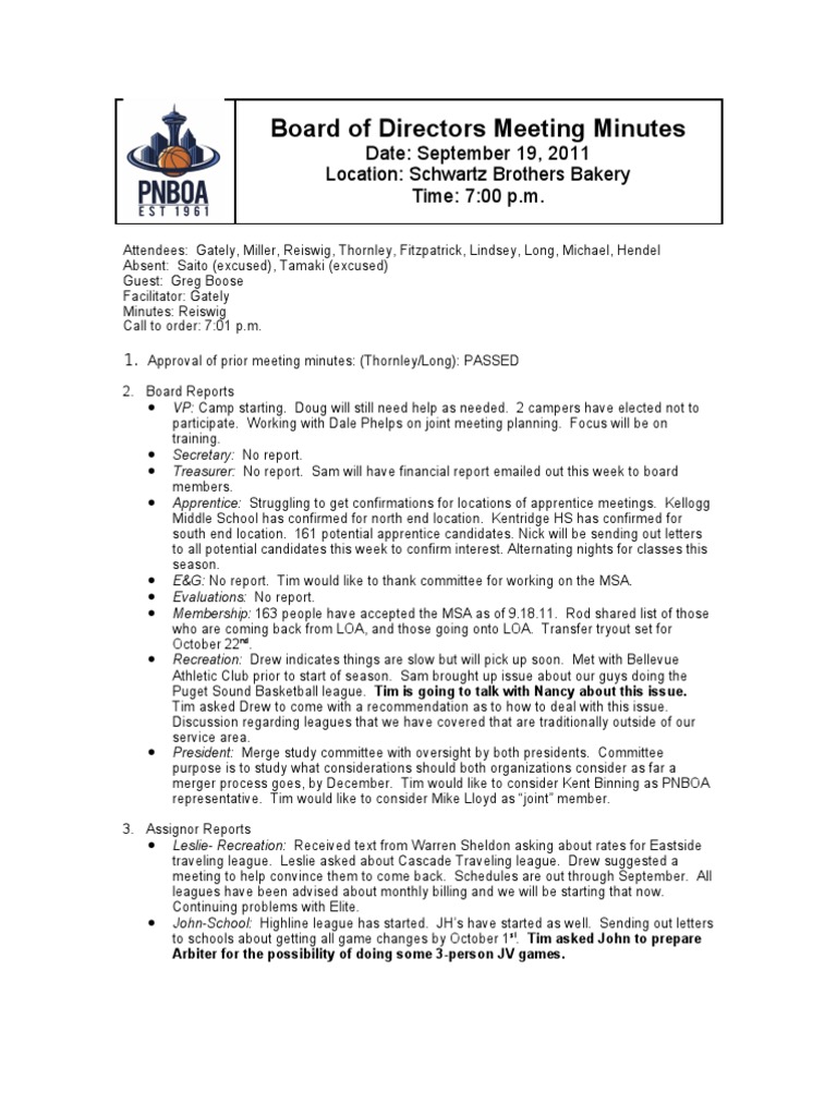 BOD Meeting Minutes 9.19.11 | PDF | Board Of Directors | Business