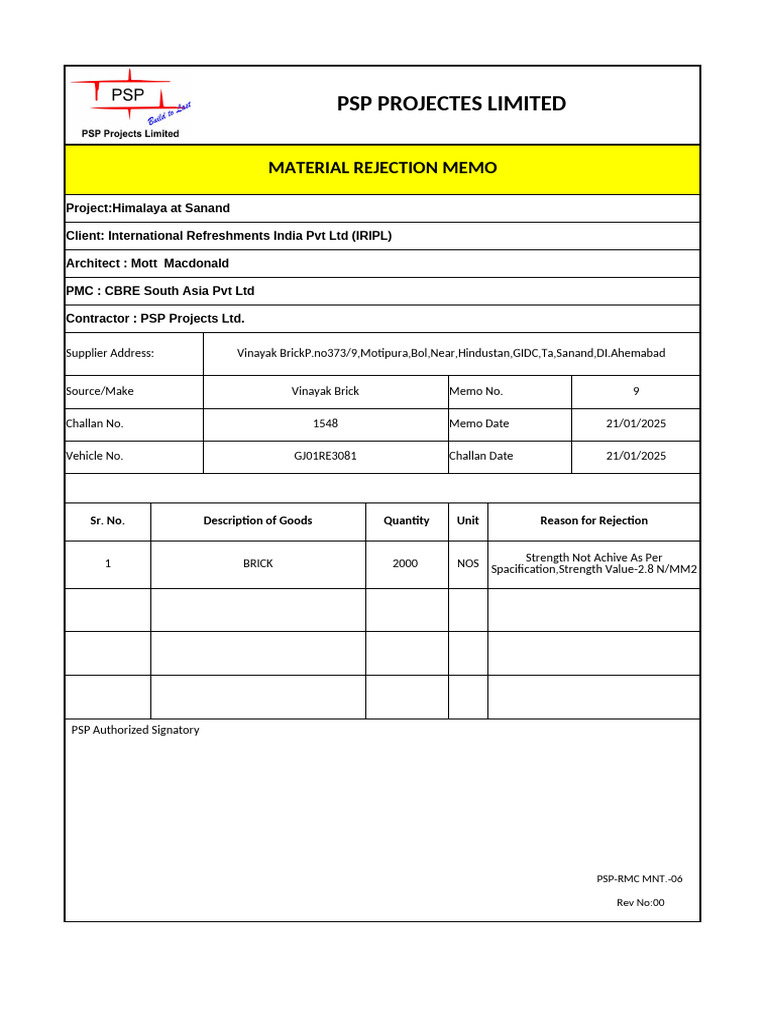 Construction Material Rejection Notice | PDF