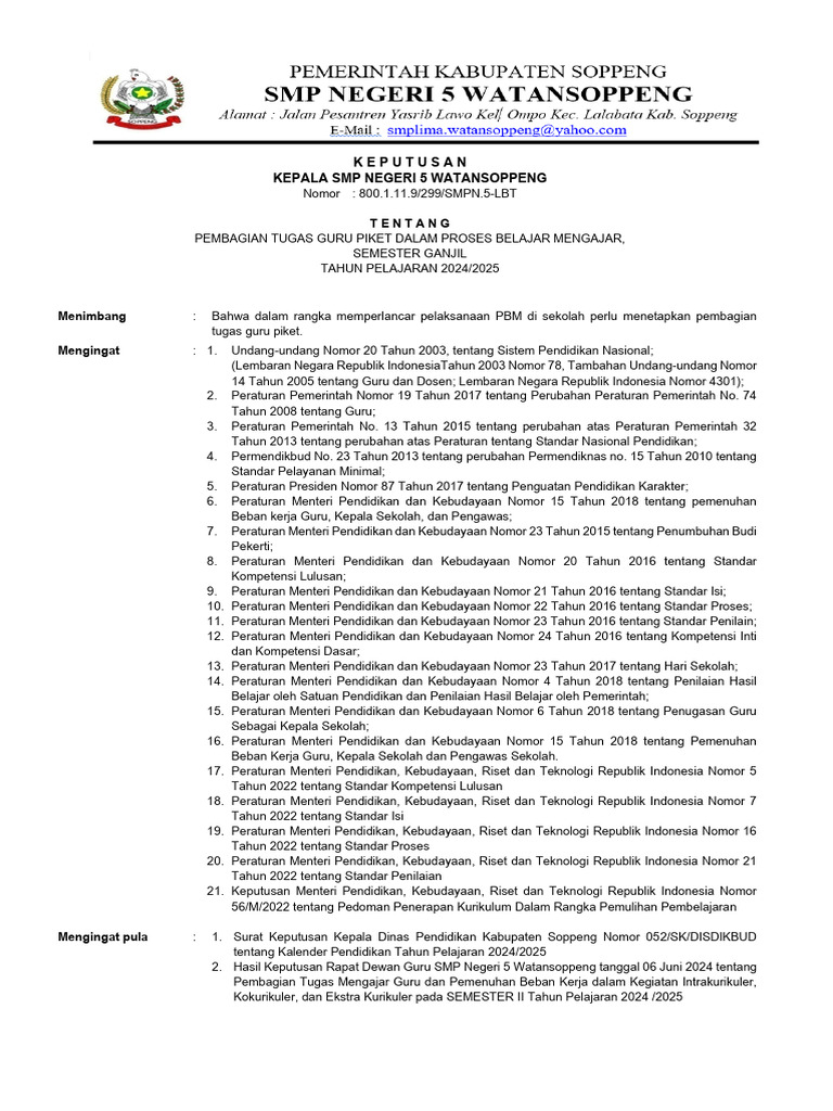 SK Pembagian Tugas Piket Semester 2 | PDF