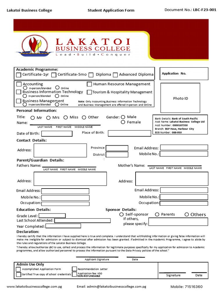 Lakatoi Business College Application Form | PDF