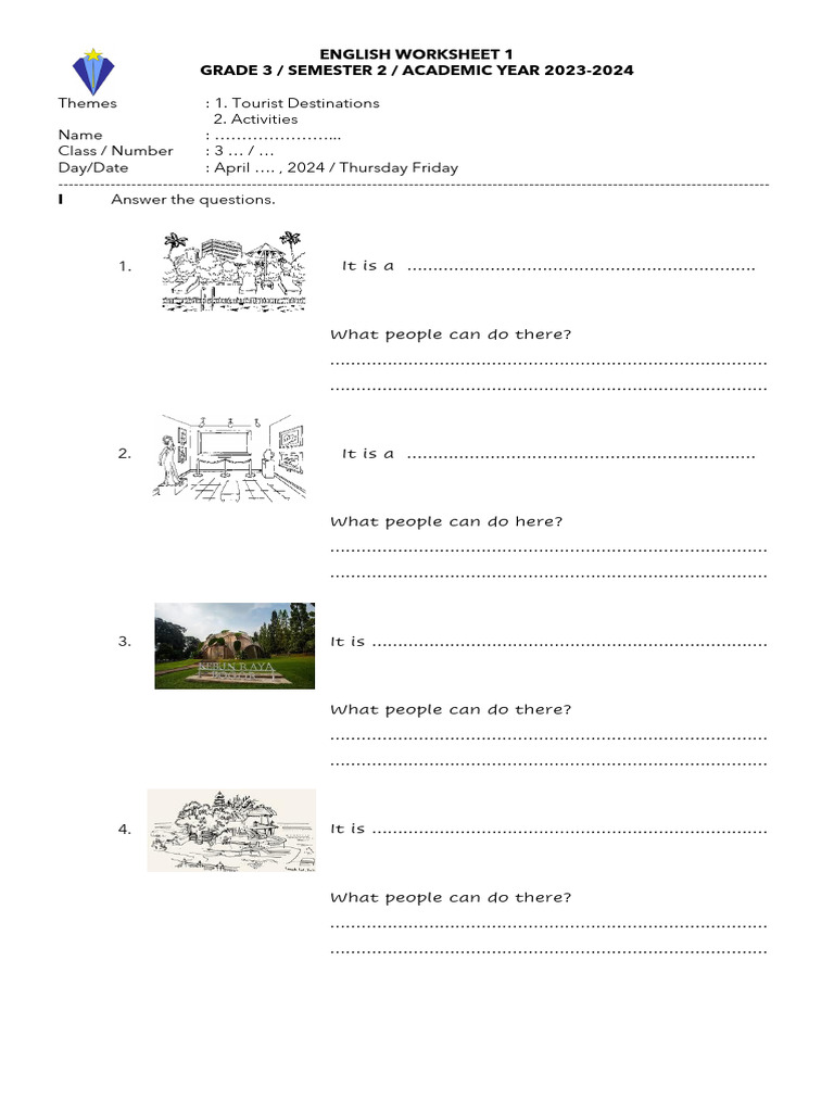 Grade 3 English Worksheet: Tourist Activities | PDF | Academia