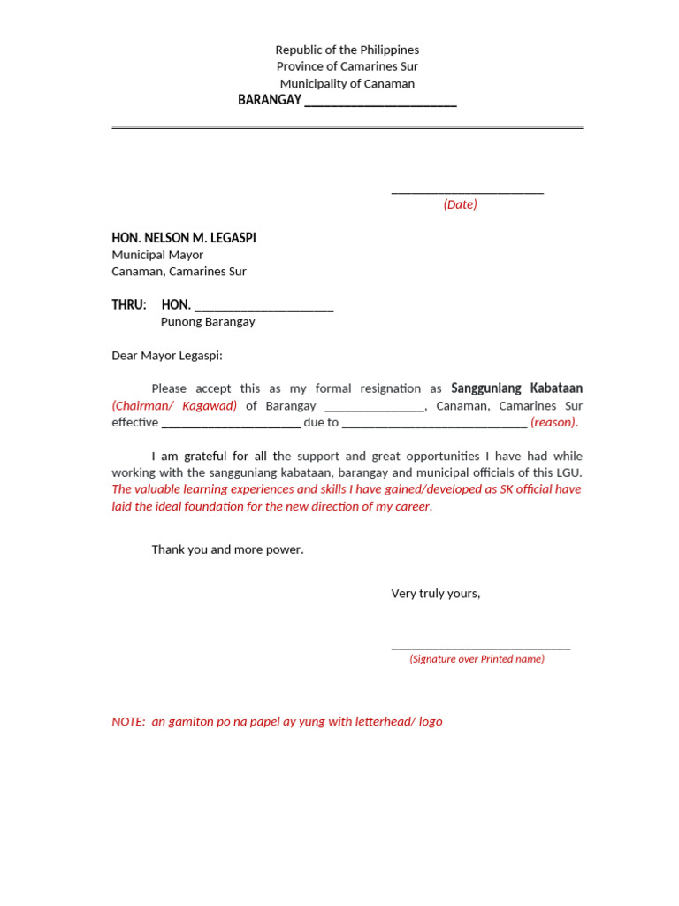 SK Kagawad Resignation Letter Sample | PDF