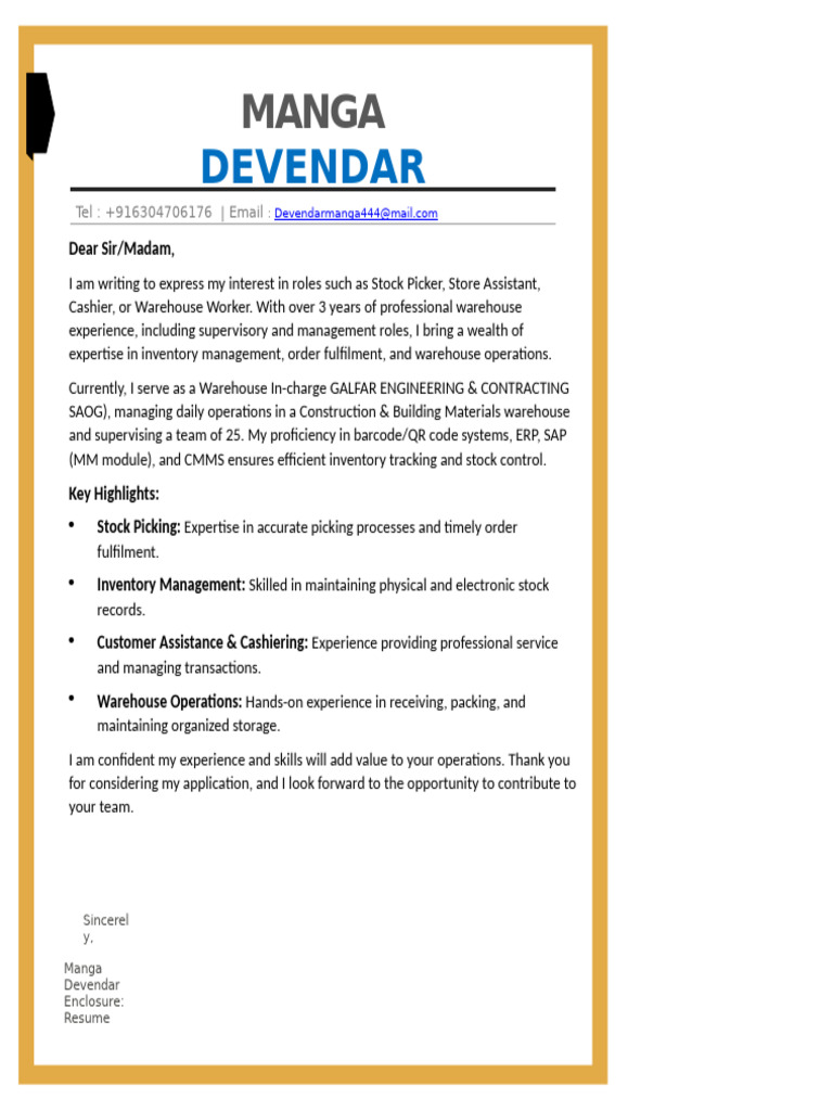 Warehouse Management Resume of Manga Devendar | PDF | Warehouse | Inventory
