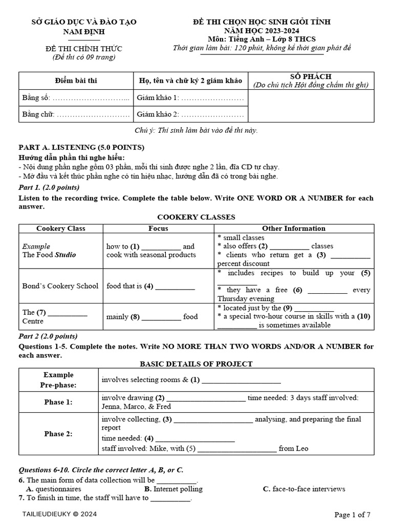 De-thi-HSG-Tieng-Anh-8-cap-tinh-Nam-Dinh-nam-hoc-2023-2024 | PDF | Atmosphere Of Earth | Cocoa Bean