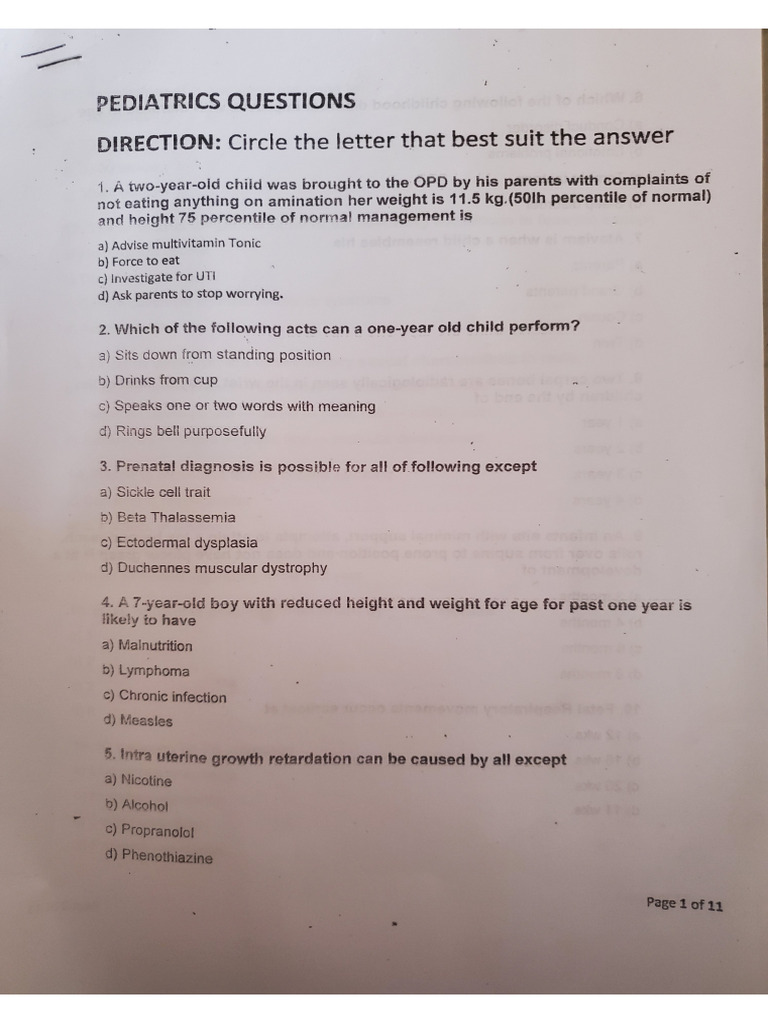 Pediatrics Questions Cu State Board Q and A | PDF