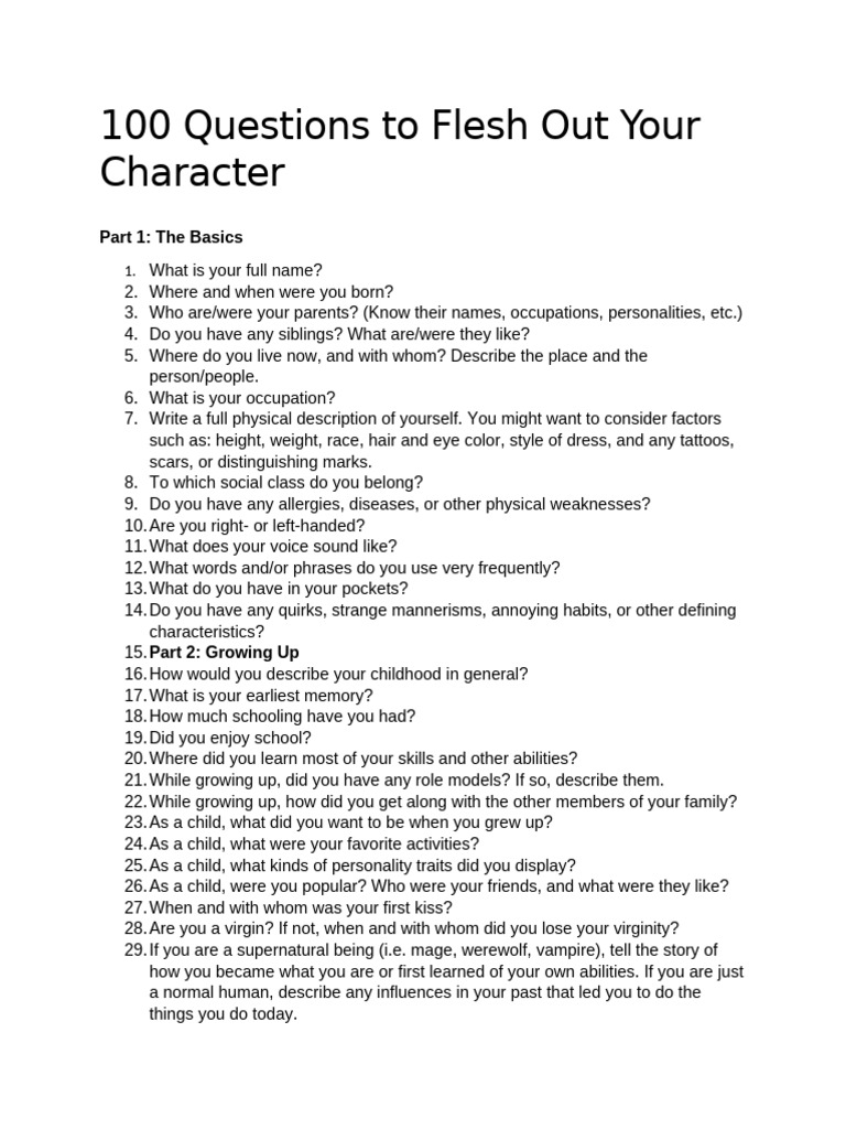 100 Character Development Questions | PDF | Behavioural Sciences ...