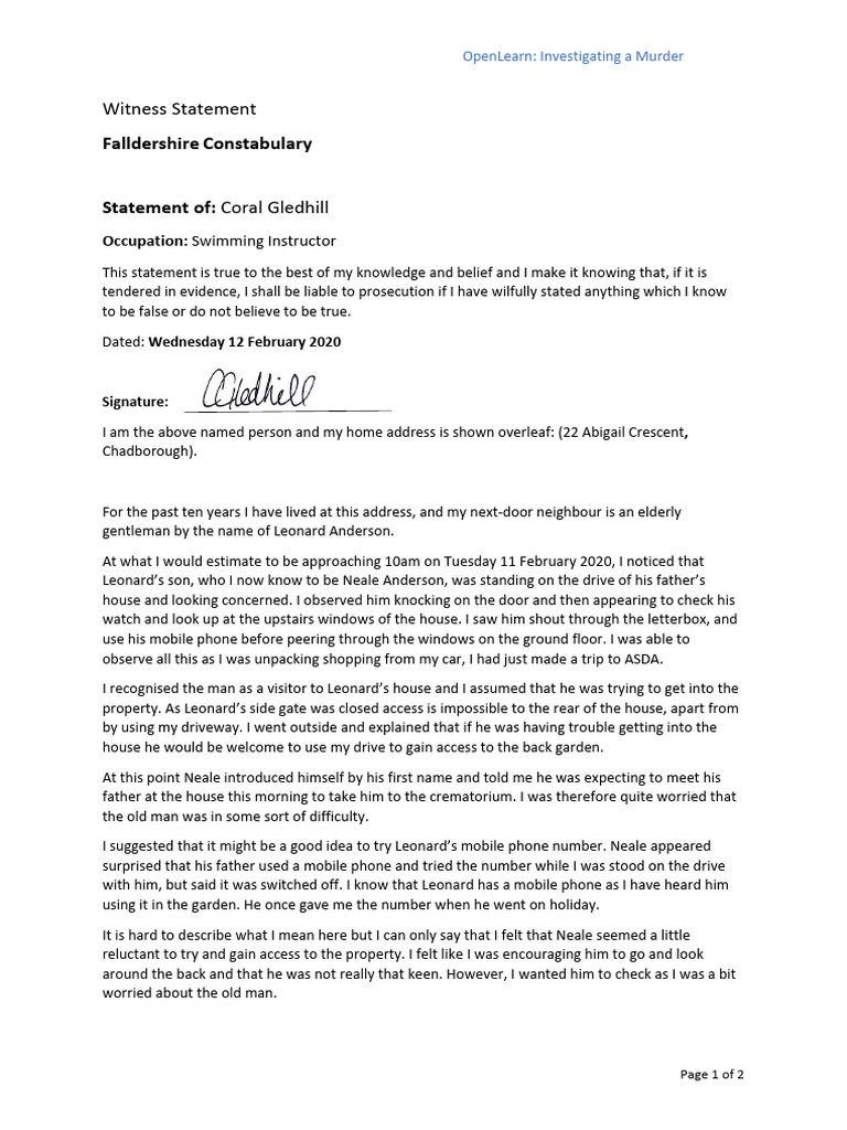 Witness Statement in Murder Investigation | PDF