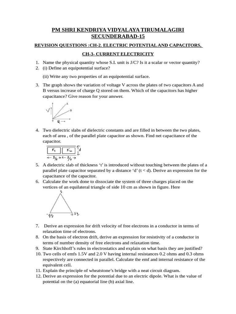 CH-2. Electric Potential and Capacitors, CH-3 Current Electricity | PDF