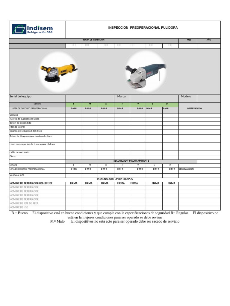 F-SIG-XX Formato de Preoperacional Pulidora - Prueba | PDF