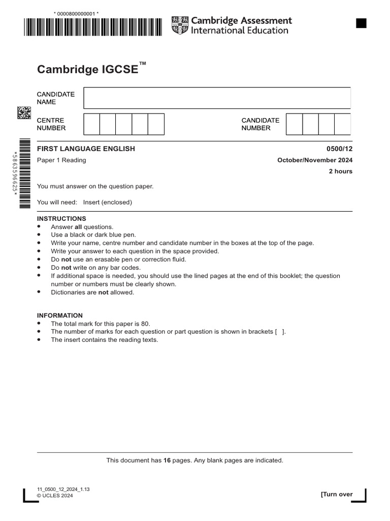Cambridge IGCSE: 0500/12 First Language English | PDF