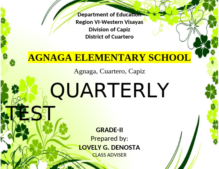 Grade 2 Quarterly Test - Agnaga School | PDF