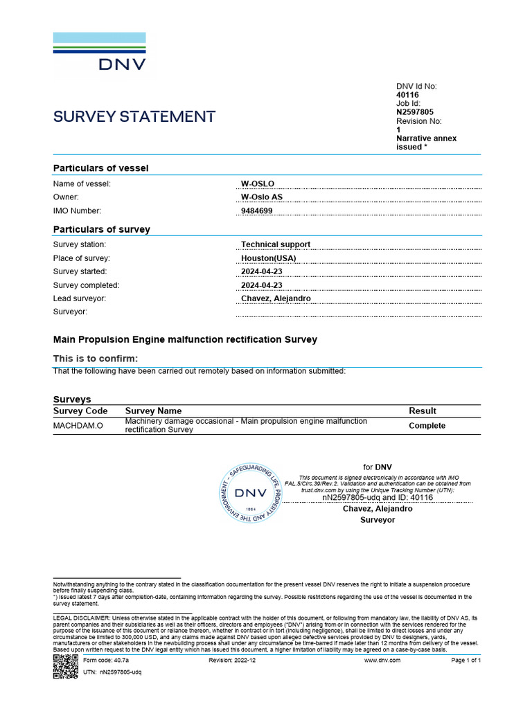 40116 - Survey Statement_ Main Propulsion Engine malfunction rectification Survey - 2024-04-23 ...