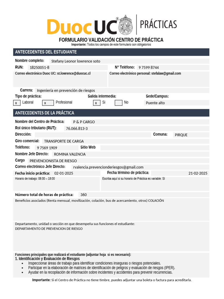 Formulario Validación Centro Práctica | PDF | Seguridad y salud ...