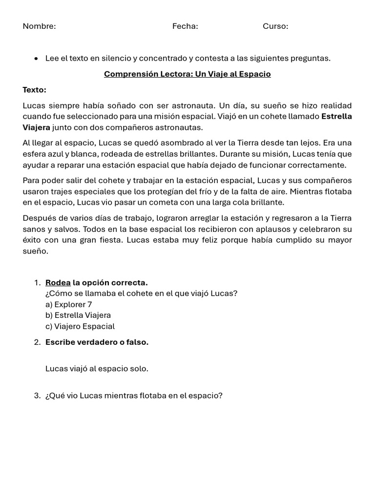 Comprension Lectora Lengua | PDF | Espacio exterior | Estación Espacial ...
