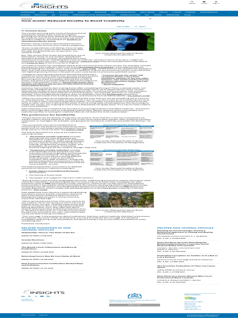 How Avatar Reduced Novelty To Boost Creativity - AOM Insights | PDF ...