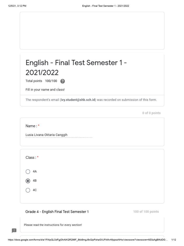 English - Final Test Semester 1 - 2021 - 2022 | PDF