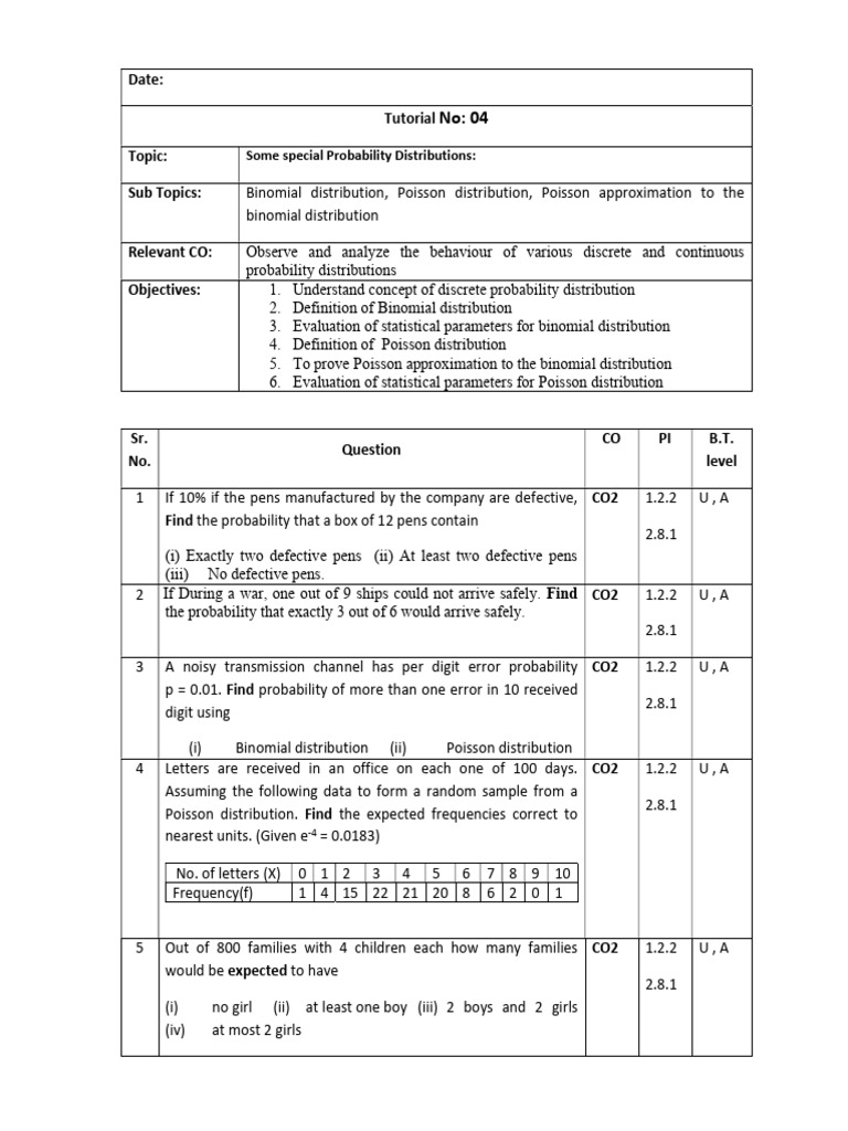 Date: Tutorial Topic: Sub Topics:: Some Special Probability Distributions | PDF | Probability ...