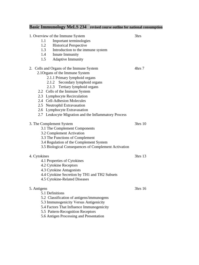 Basic Immunology MeLS 234 revised course outline for natio | PDF | Immune System | T Cell