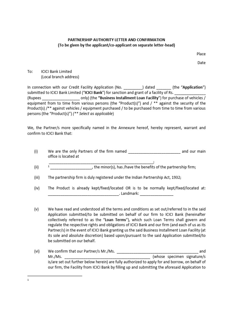Partnership Authority Letter Template | PDF | Banks | Loans
