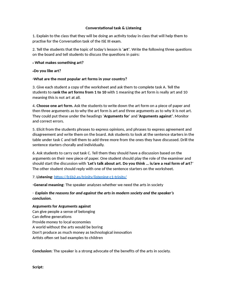 Collaborative Task & Listening Lesson Plan (Arts) | PDF