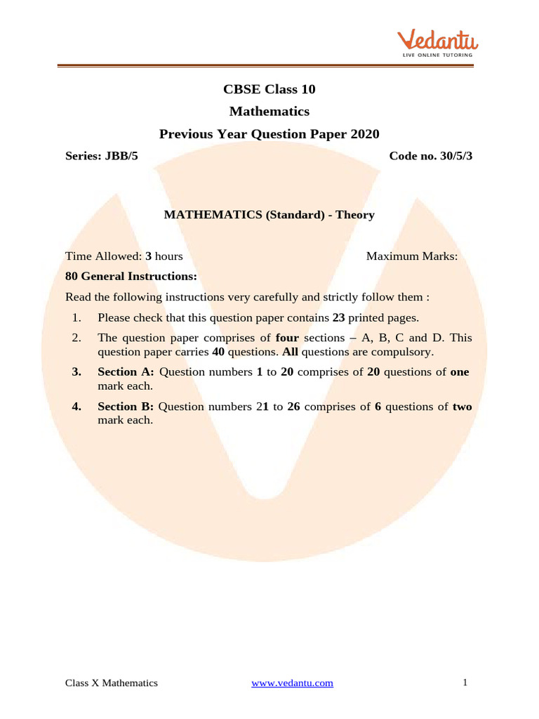 CBSE Class 10 Maths Question Paper 2020 With Solutions | PDF | Sphere ...