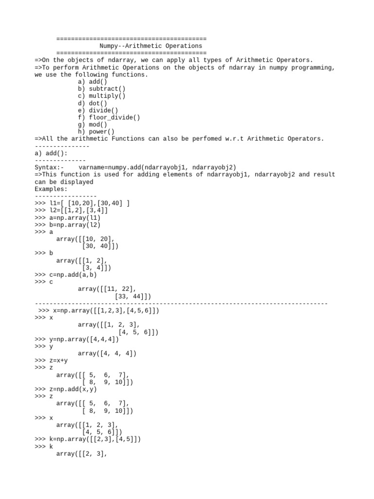 Numpy--Arithmetic Operations | PDF | Arithmetic | Mathematics Numpy--Arithmetic Operations | PDF | Arithmetic | Mathematics