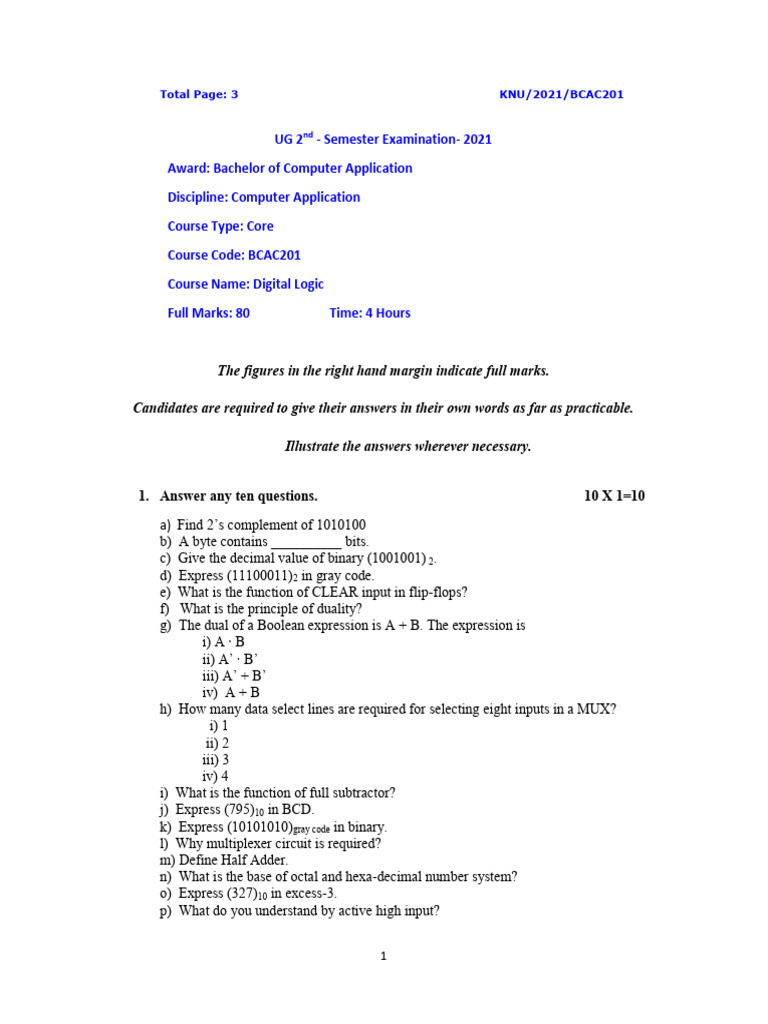 2021 BCAHC201 Digital Logic | PDF | Logic Gate | Boolean Algebra