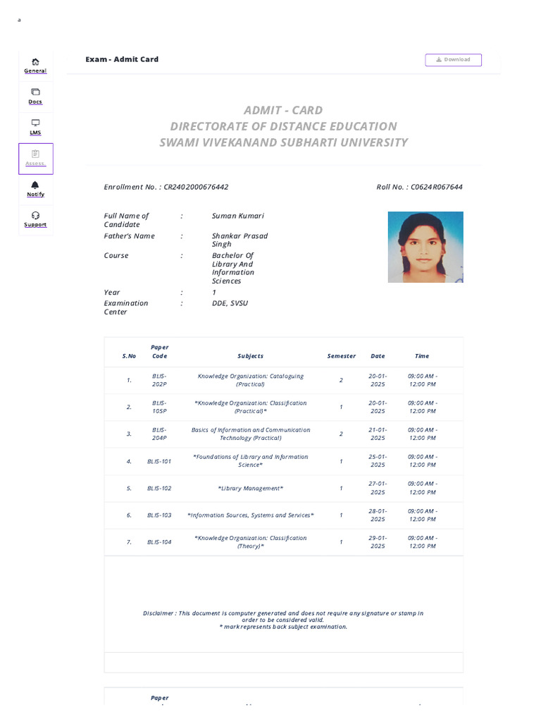 Exam - Admit Card _ Swami Vivekanand Subharti University | PDF
