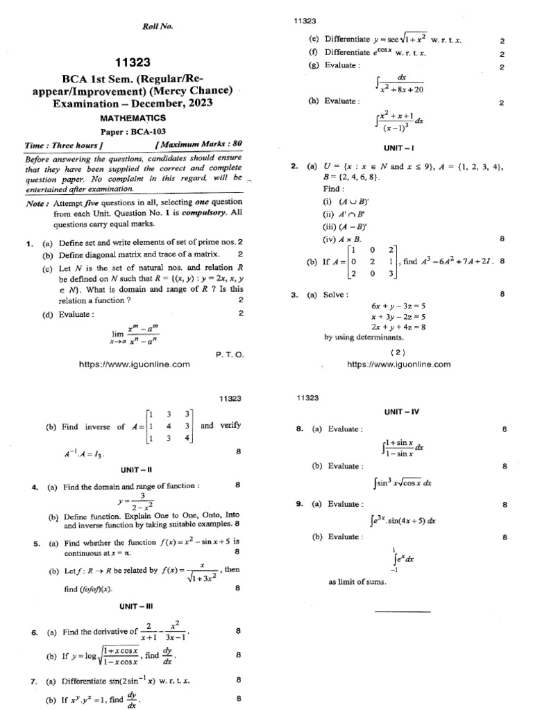 Bca 1 Sem Mathematics 11323 Dec 2023 | PDF