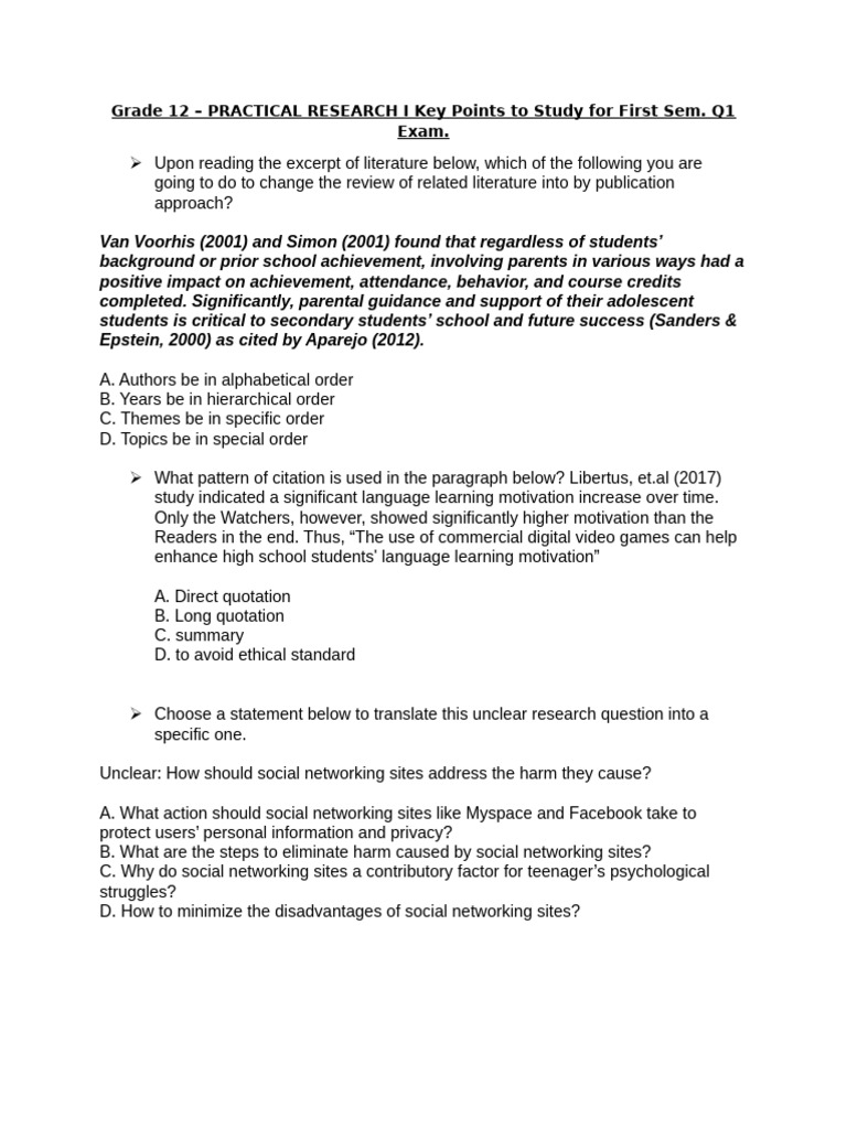Grade 12 Practical Research I Exam Guide | PDF | Social Networking ...