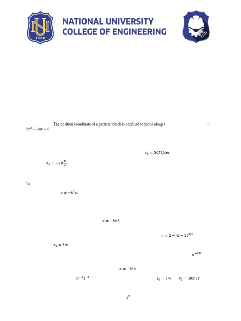 Problem Set 1 Rectilinear W Variable Acceleration Pdf
