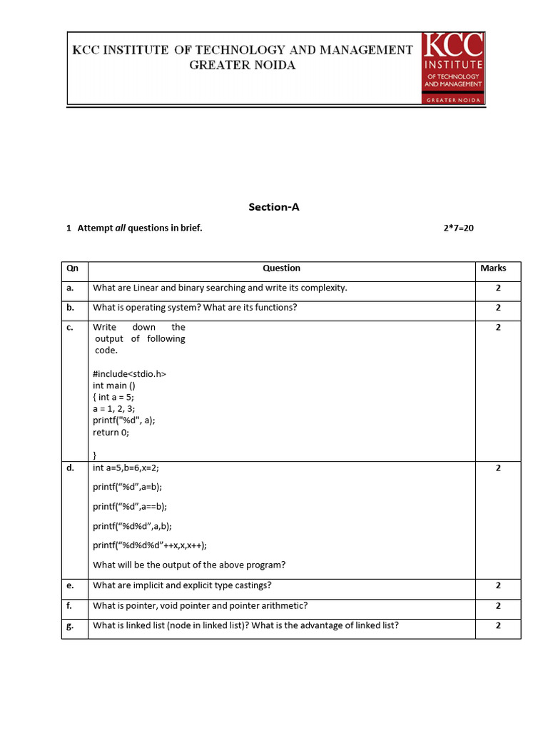 BCS 201 Model Paper Overview | PDF | Pointer (Computer Programming ...