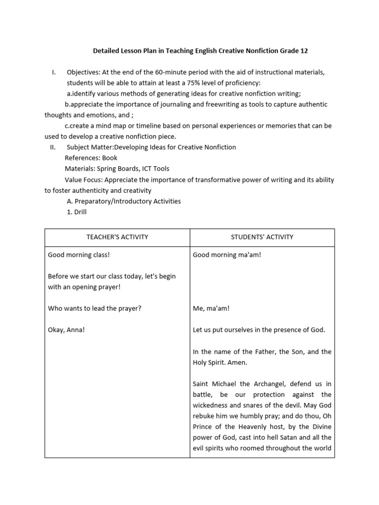 Creative Nonfiction Lesson Plan for Grade 12 | PDF | Satan | Thought