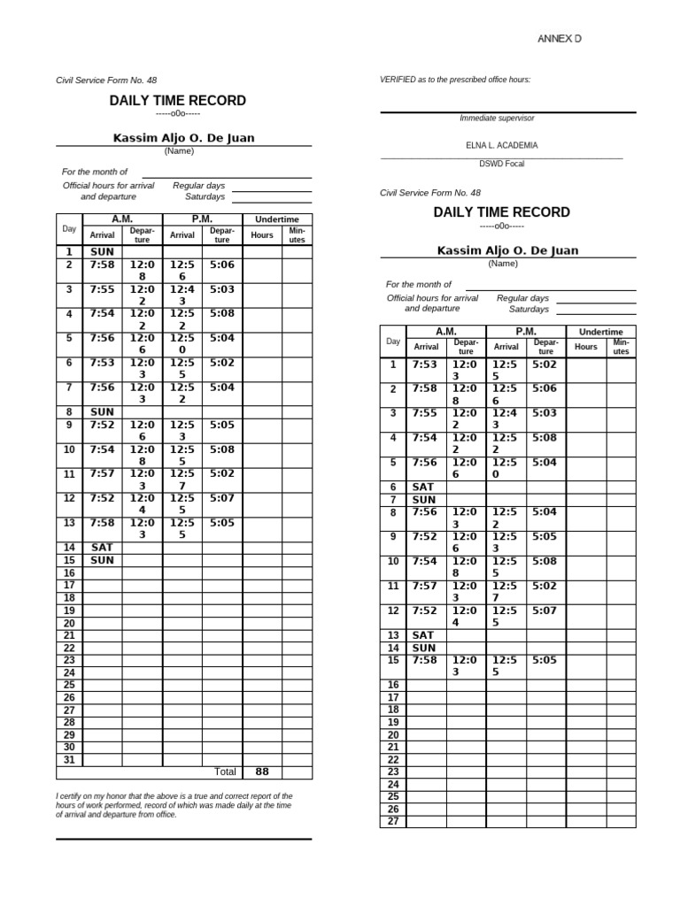 Annex D Daily Time Record | PDF